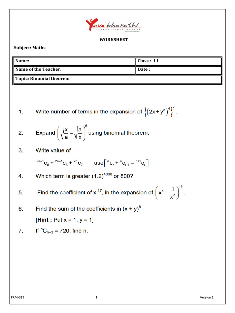GIDB8340389 Worksheet Binomial Theorem | PDF