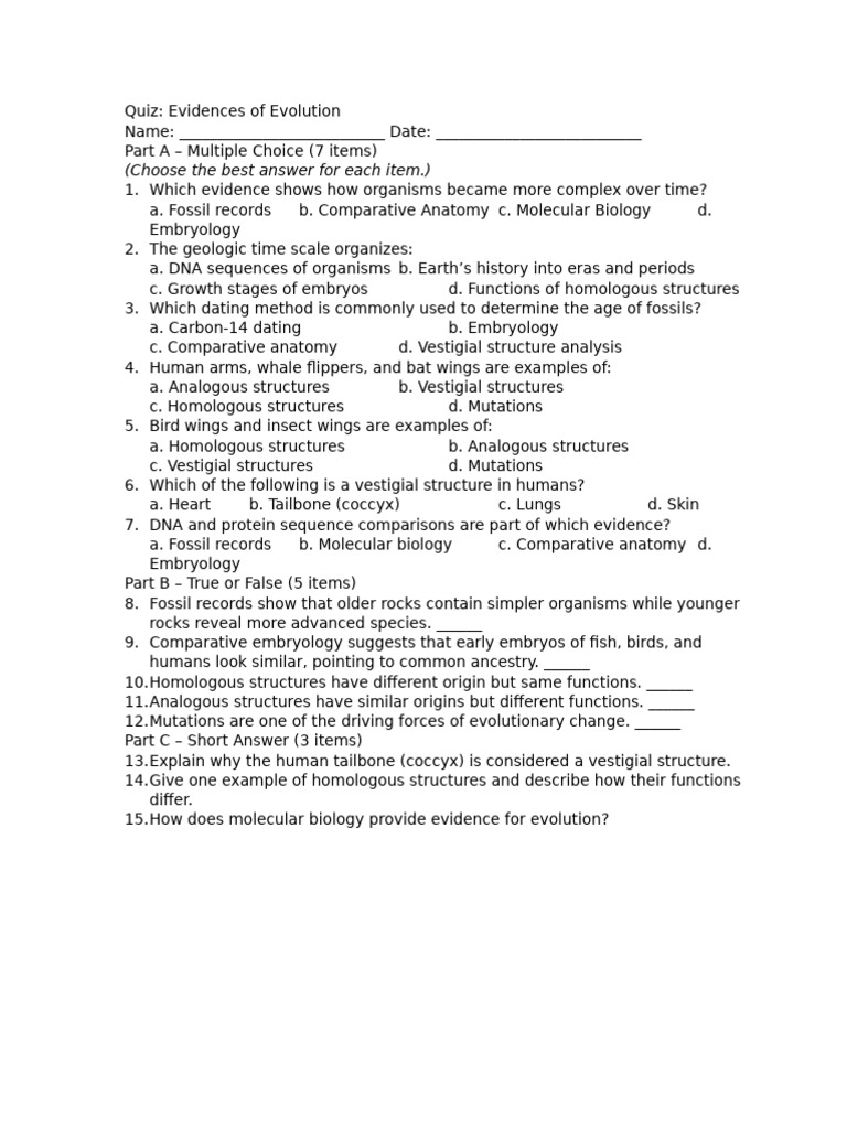 Quiz Evidences and Theories of Evolution | PDF | Evolution | Homology ...