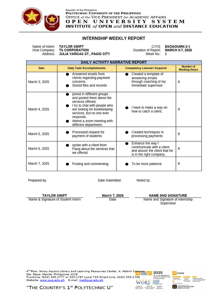 Internship Weekly Report Template | PDF