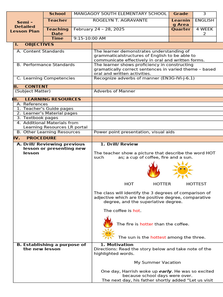 Semi-Detailed Lesson Plan English 3 (Adverbs of Manner | PDF | Adverb ...