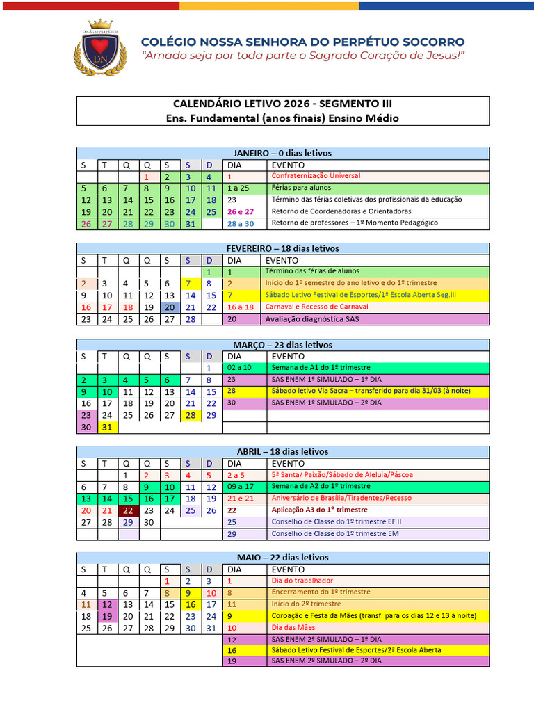 Calendario Letivo 2026 Colegio Perpetuo | PDF