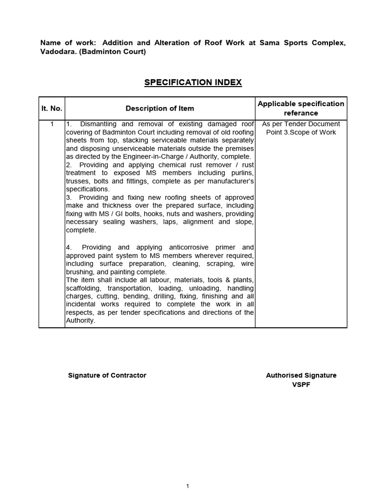 Index Specification - Roof Work-2026 | PDF