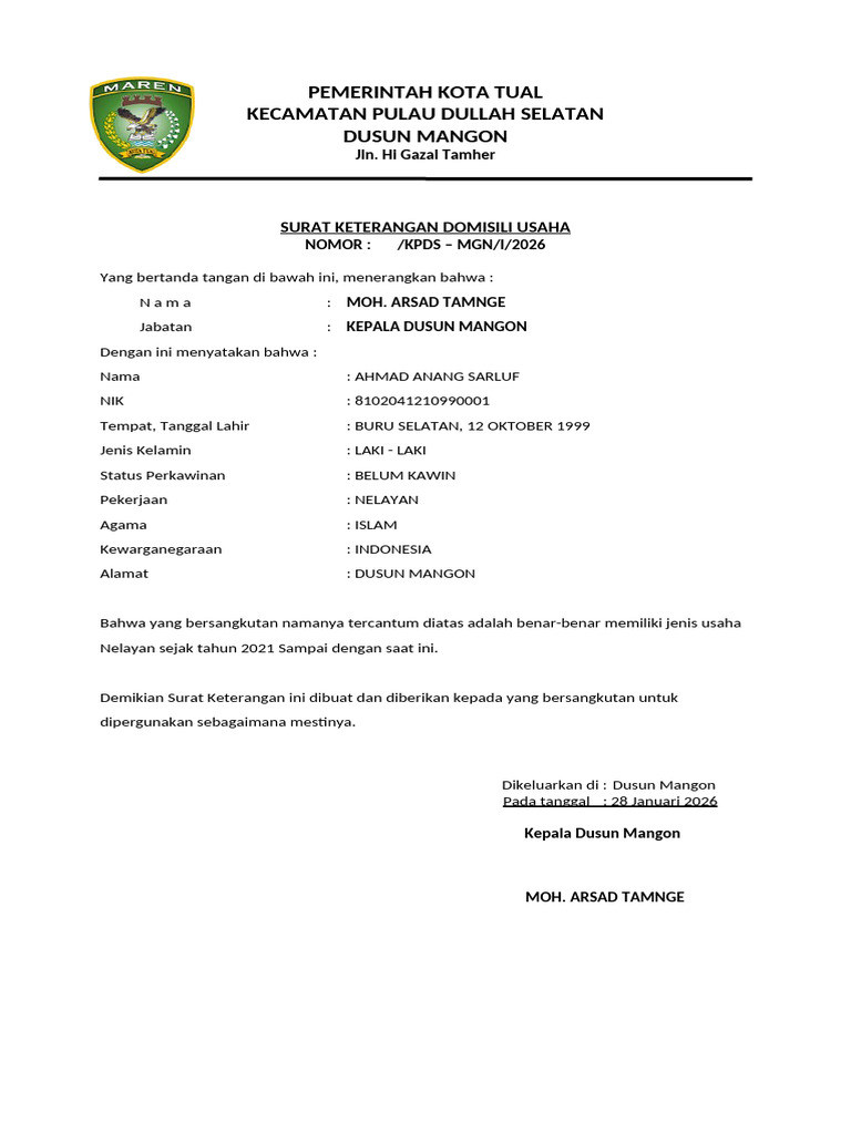 Contoh Blangko Surat Keterangan Domisili Usaha Kelurahan Sowi | PDF