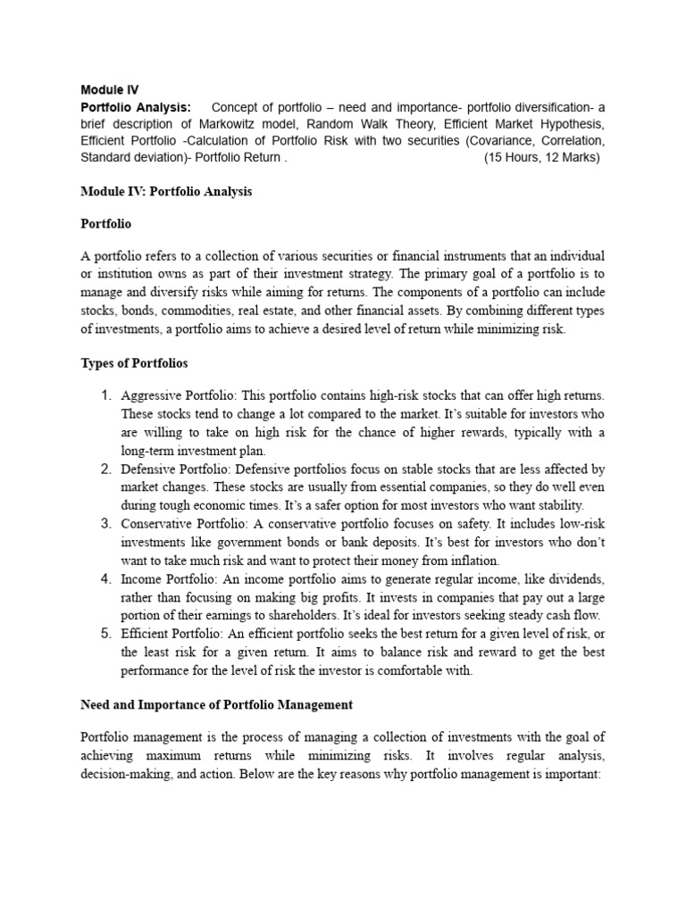 Module IV Portfolio Analysis | PDF | Modern Portfolio Theory ...