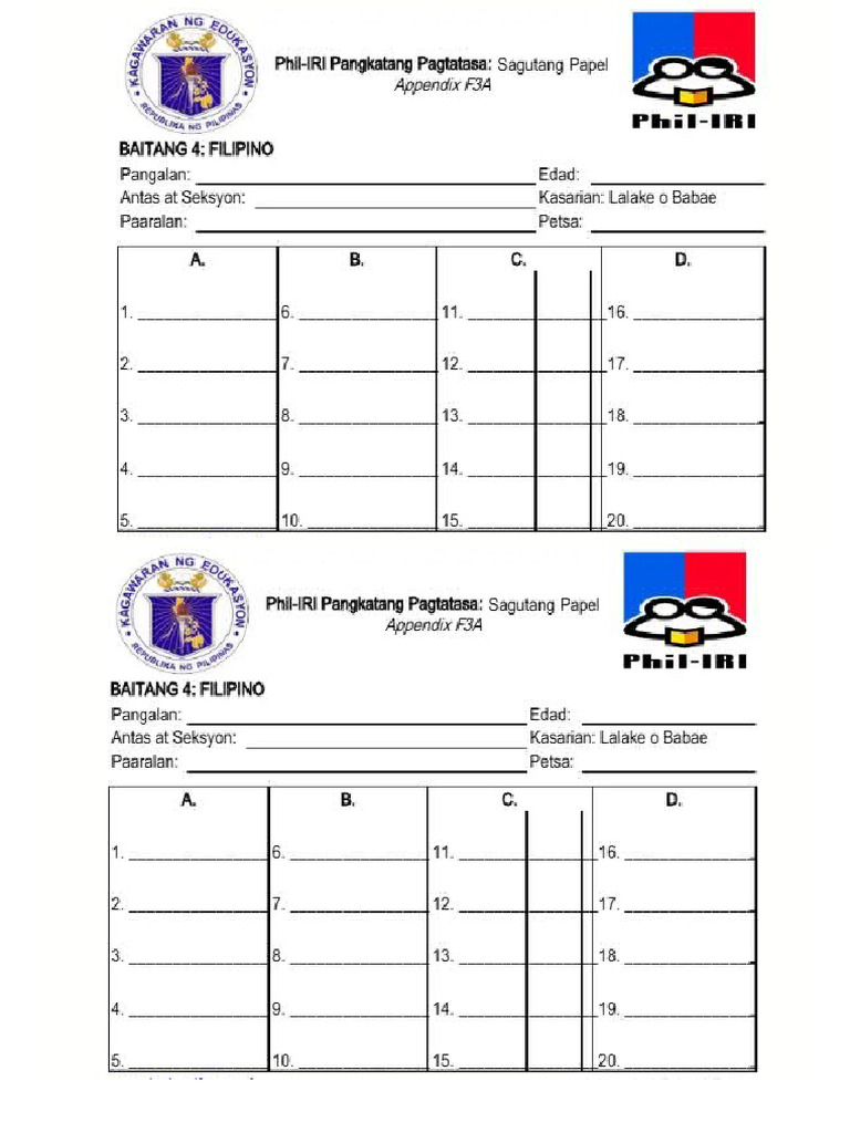 PHIL-IRI Answer Sheet | PDF