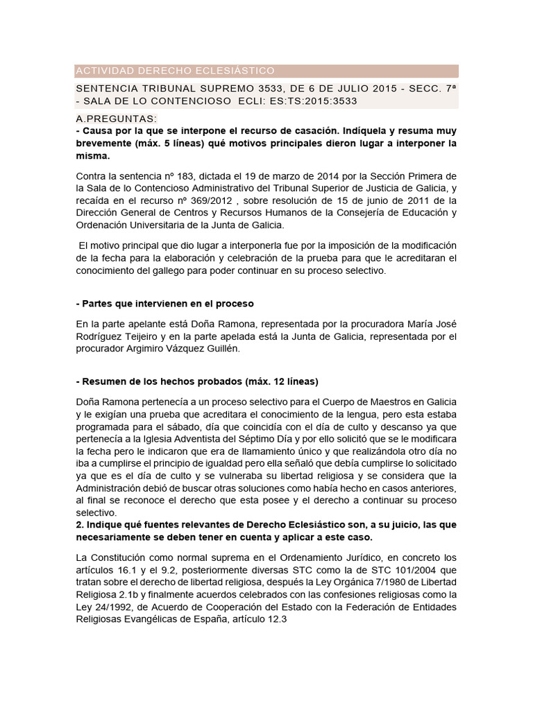 Actividad 4 Derecho Eclesiastico | PDF | Sentencia (ley) | Libertad de religión