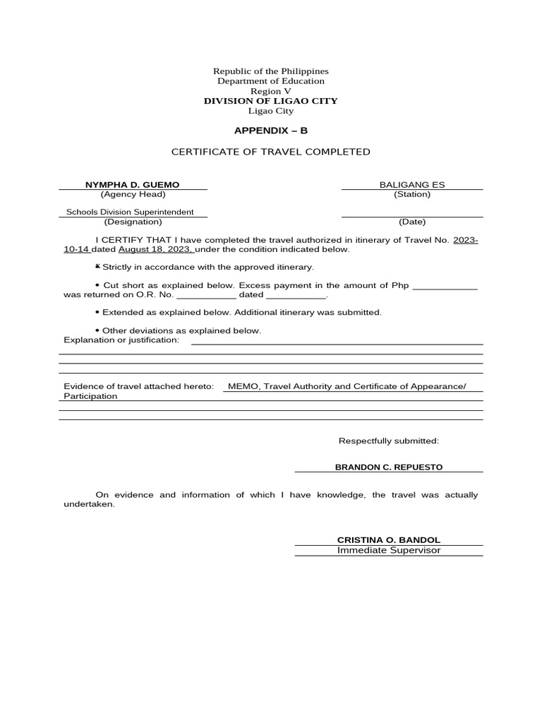 Certificate of Travel Completed | PDF