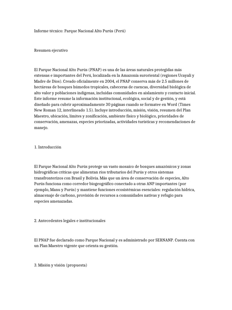 Informe Parque Nacional Alto Purus | PDF | parque Nacional | Deforestación