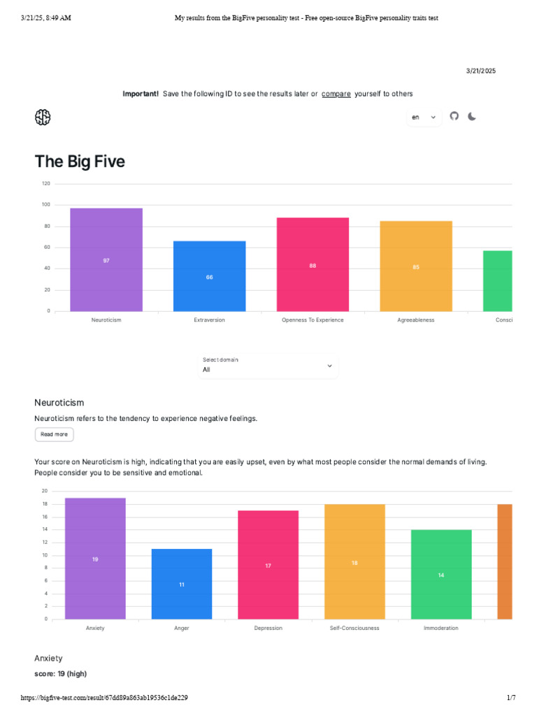 Big Five Personality Test Results | PDF | Anxiety | Extraversion And ...