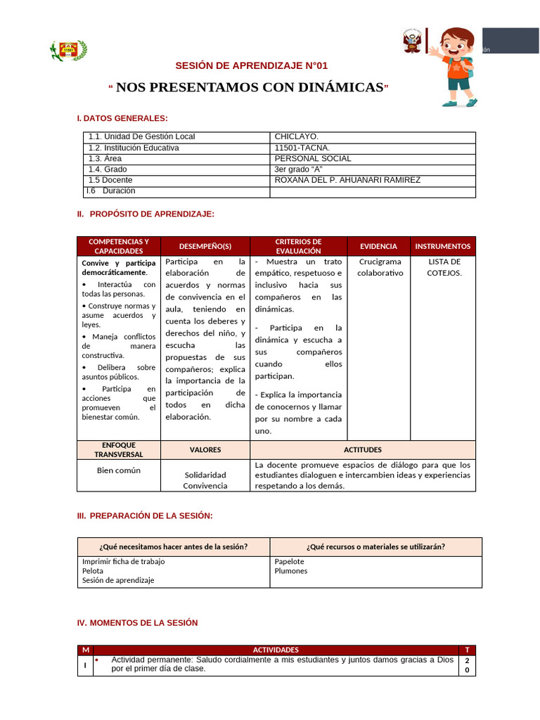 Sesión 1° Nos Presentamos Con Dinámicas | PDF | Aprendizaje | Escuelas ...