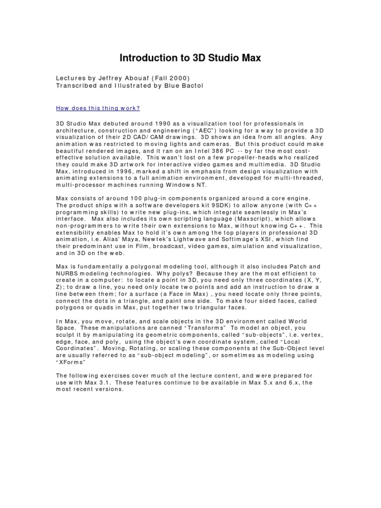 Introduction To 3D Studio Max: Lectures by Jeffrey Abouaf (Fall 2000 ...