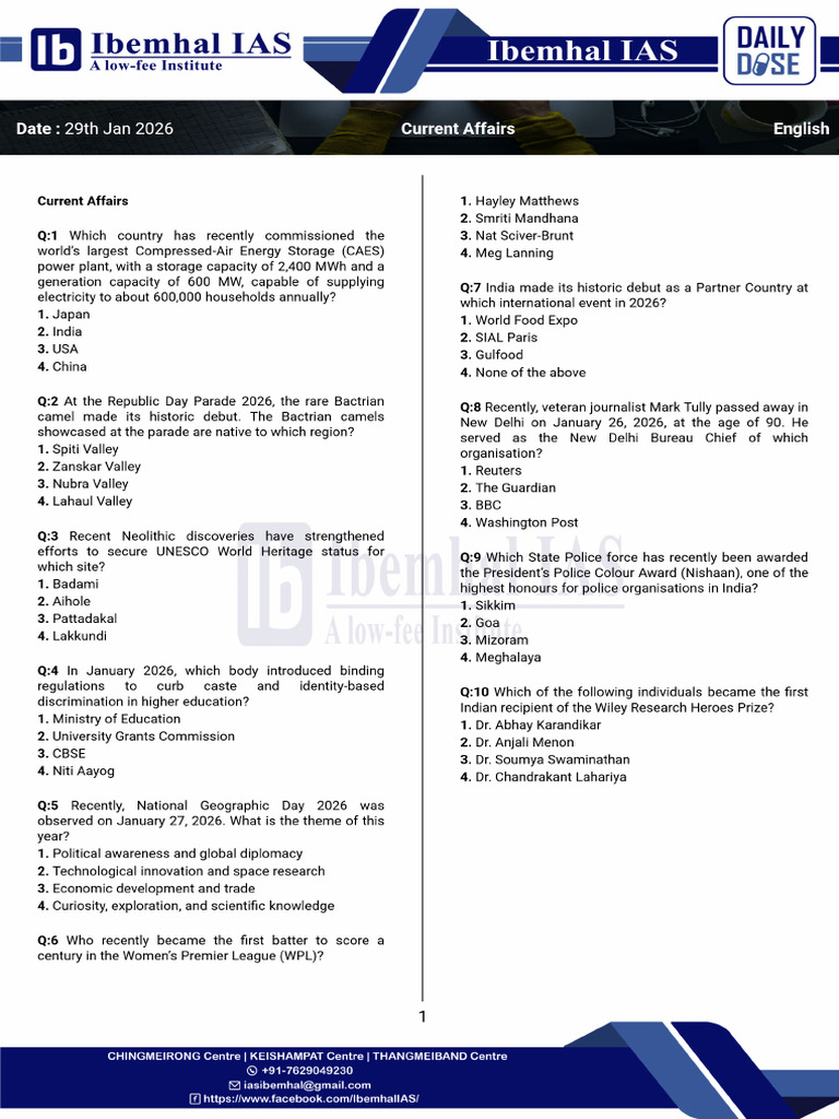 Current Affairs - English - 29th Jan 2026 | PDF