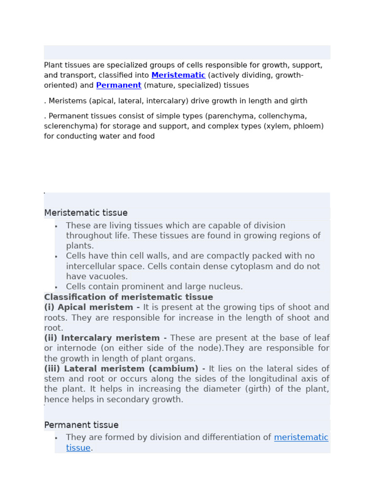 class 9th plant tissue notes | PDF | Tissue (Biology) | Plant Physiology