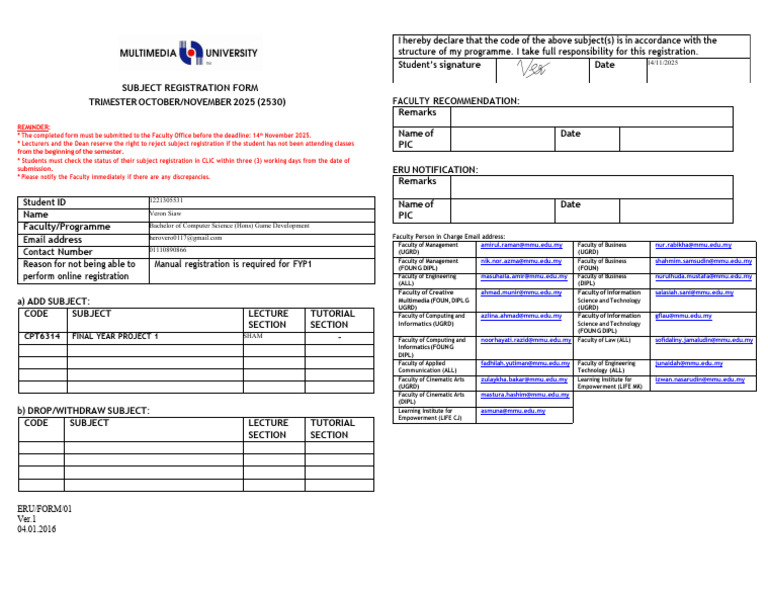 1221305531_Subject Registration_Manual Form_2530 | PDF | Computing