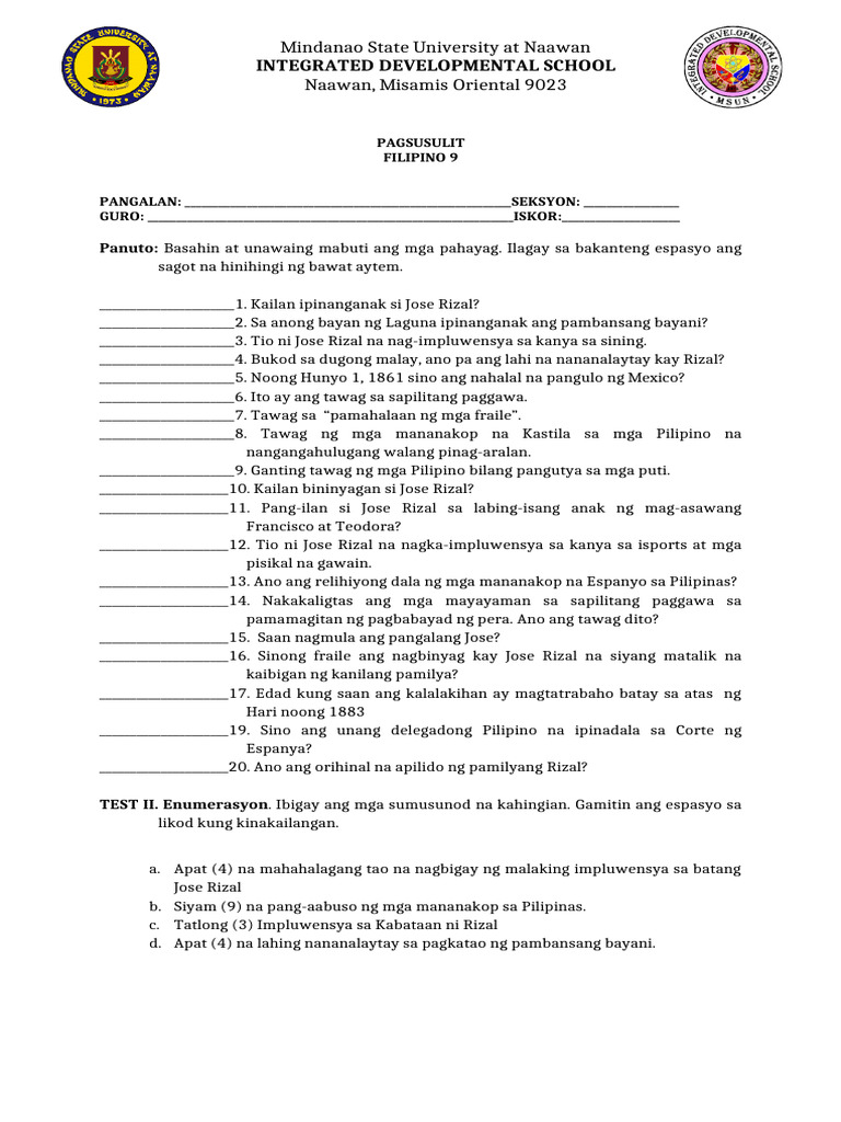 Pagsusulit 1 | PDF