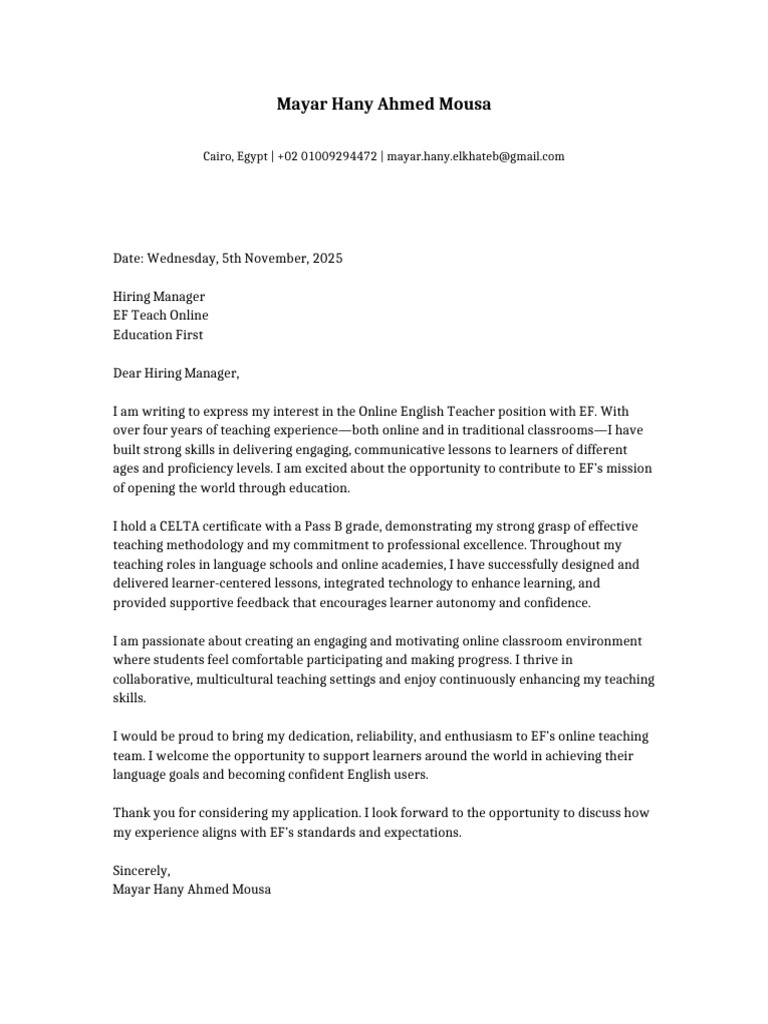 EF Cover Letter Mayar Hany (1) | PDF