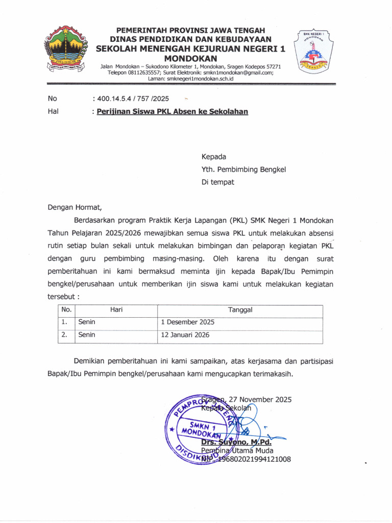 Surat Ijin Siswa PKL Absen Ke Sekolah20251127 - 13000274 | PDF