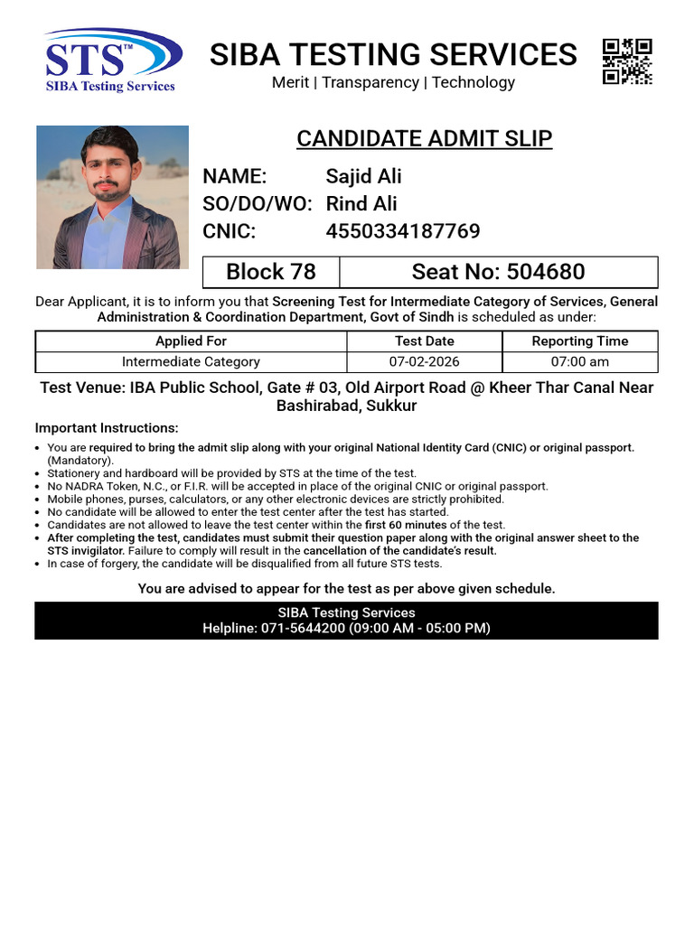 Siba Testing Services: Candidate Admit Slip | PDF