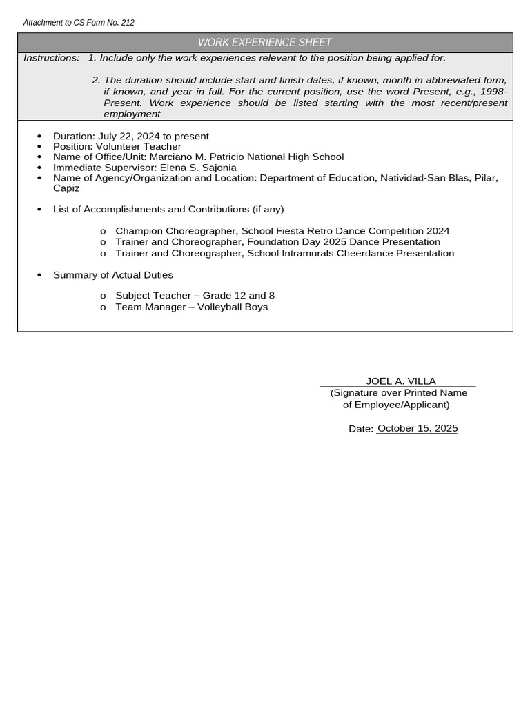 CS Form No. 212 Work Experience Sheet - Joel Villa | PDF
