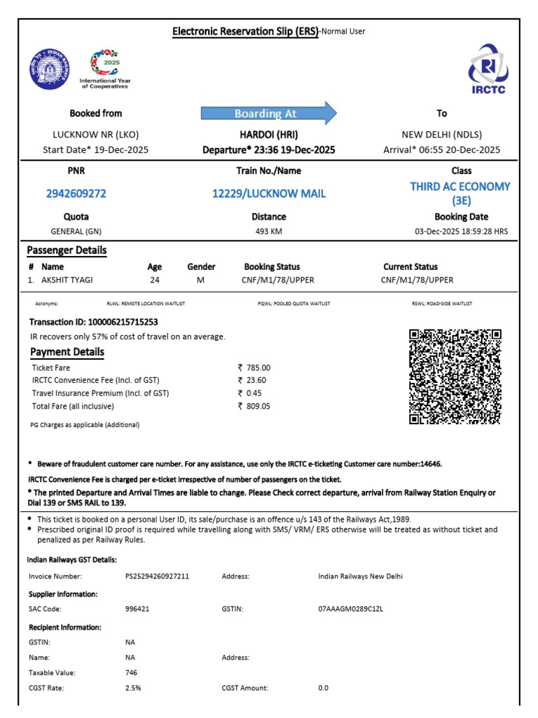 12229/LUCKNOW MAIL Third Ac Economy (3E) | PDF