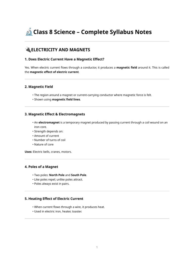 Class 8 Science - Complete Notes (Electricity, Forces & Matter) | PDF ...