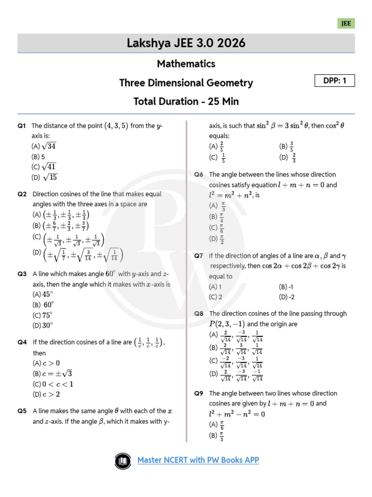 Three Dimensional Geometry DPP 01 (of Lec 02) | PDF | Coordinate System ...