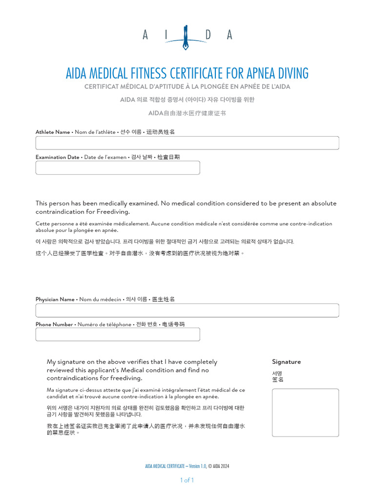 AIDA - Medical Fitness Certificate For Apnea Diving | PDF