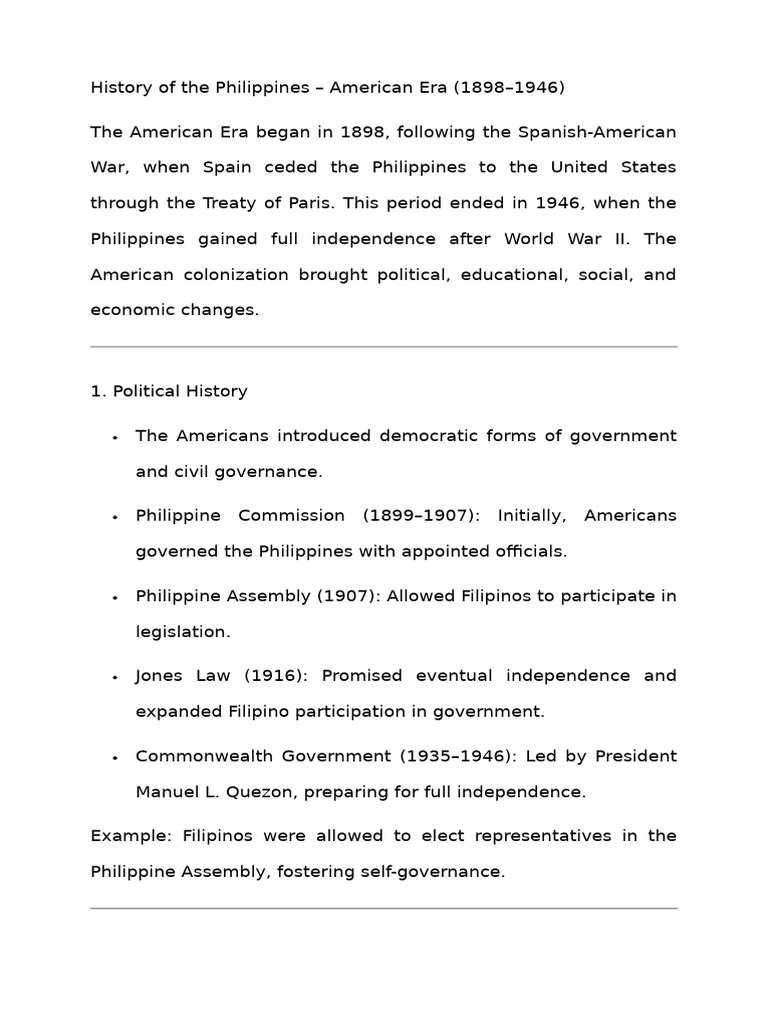 History of The Philippines - American Era (1898-1946) | PDF | Philippines