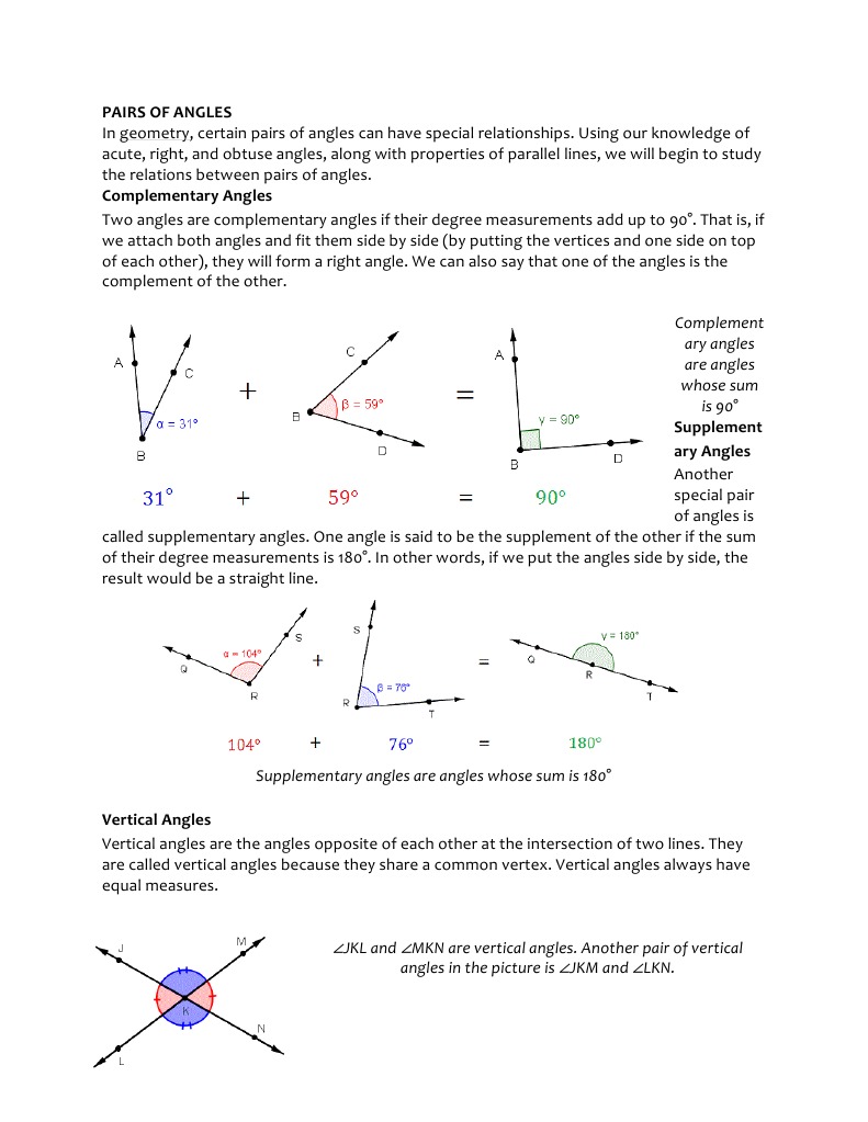 Pairs of Angles | PDF | Angle | Line (Geometry)