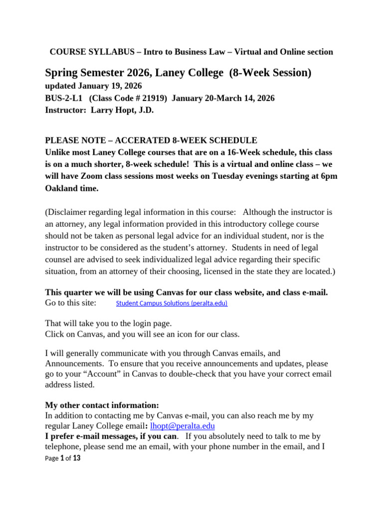 Syllabus - Laney College Intro To Bus Law Online 8-Week SPRING Semester ...