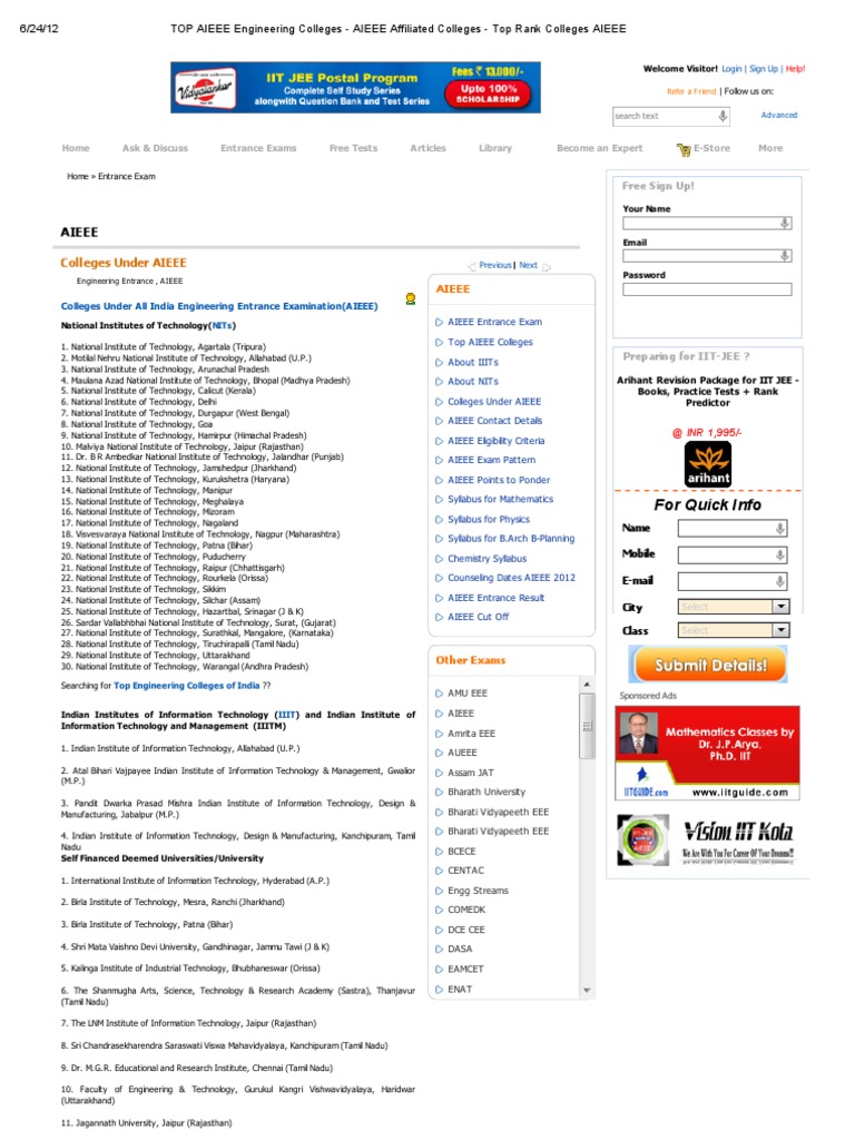AIEEE College List | PDF | Career And Technical Education | Higher ...