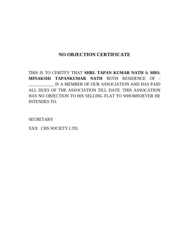 No Objection Certificate Format | PDF
