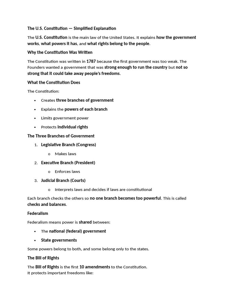 The constitution and bill of rights explanation simplified version ...