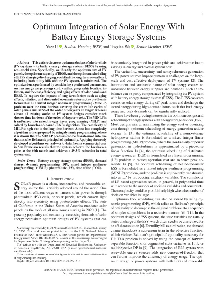 Optimum Integration of Solar Energy With Battery Energy Storage Systems ...