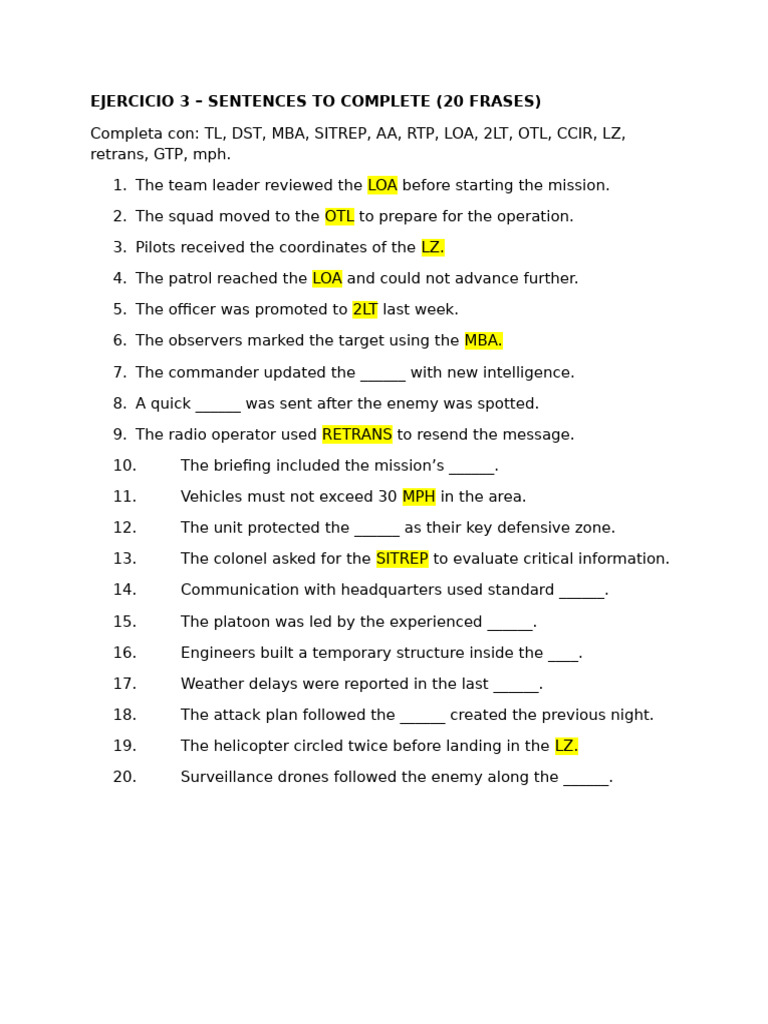 Ejercicio 3 Sentences To Complete | PDF