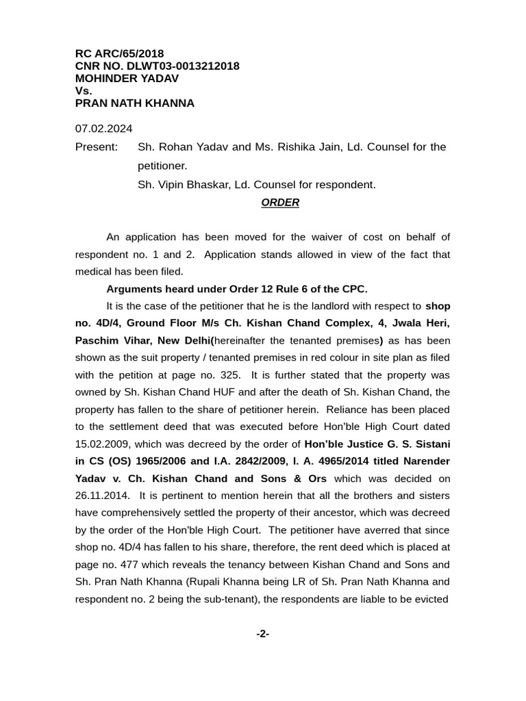 Mohinder Yadav Vs Pran Nath Khanna | PDF | Lease | Leasehold Estate