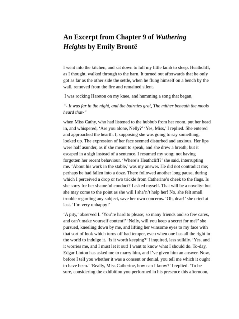 An Excerpt From Chapter 9 of by Emily Brontë: Wuthering Heights | PDF ...