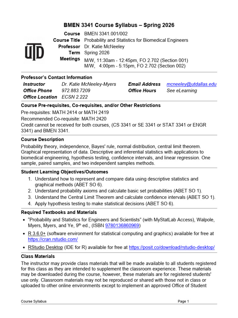 BMEN 3341.001 Syllabus S26(2) | PDF | Statistics | Probability Distribution