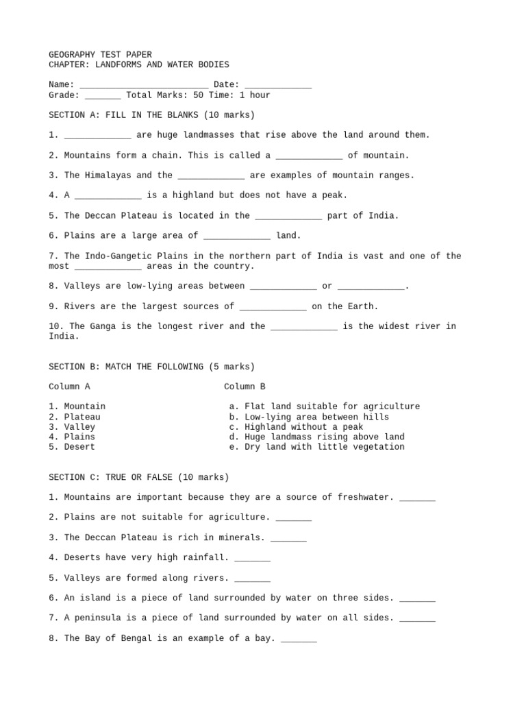 Geography Test Landforms Waterbodies | PDF | Plateau | River