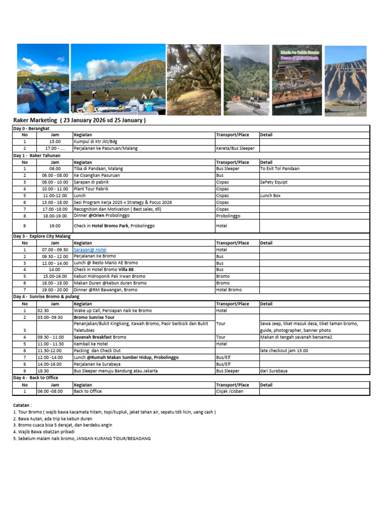 Itenary Bromo Raker MKT 2026 | PDF