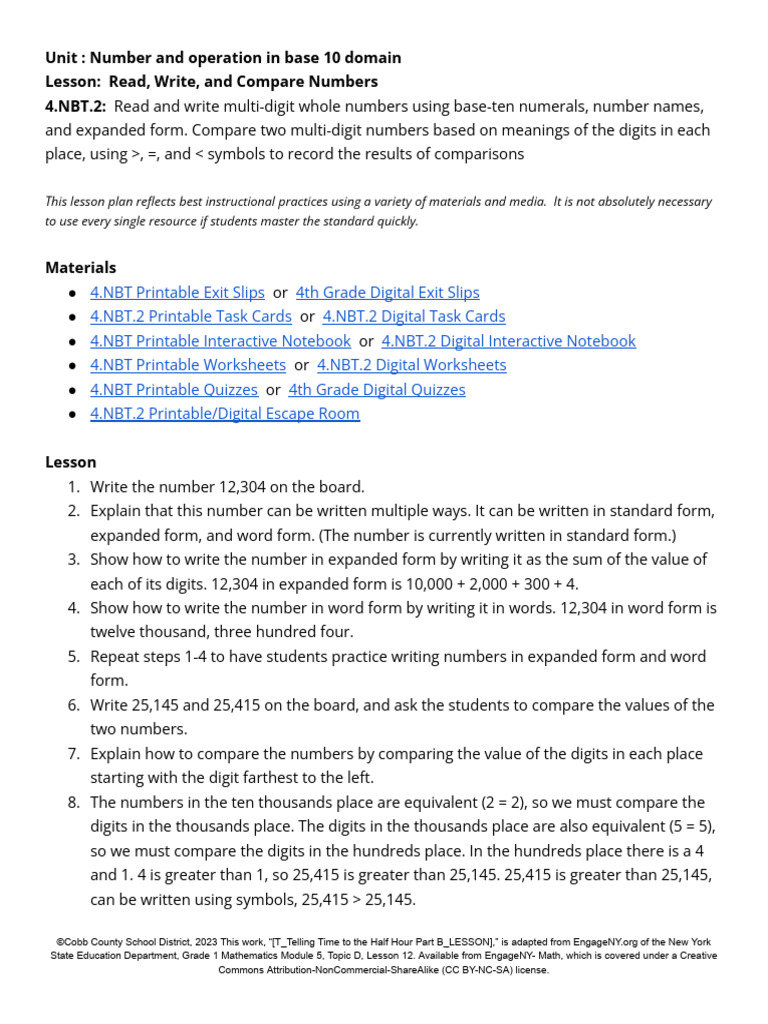 Lesson Plan 4.NBT.2 - Read, Write, and Compare Numbers (2).docx | PDF