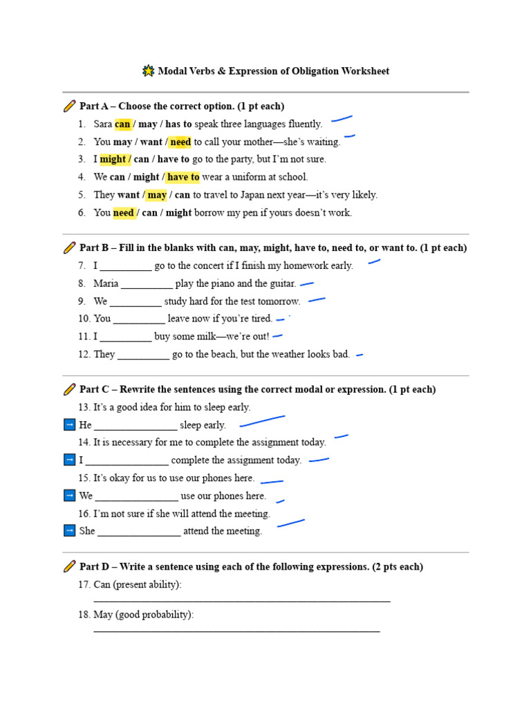 Modal Verbs Expression of Obligation Worksheet 1 | PDF | Chess Openings ...