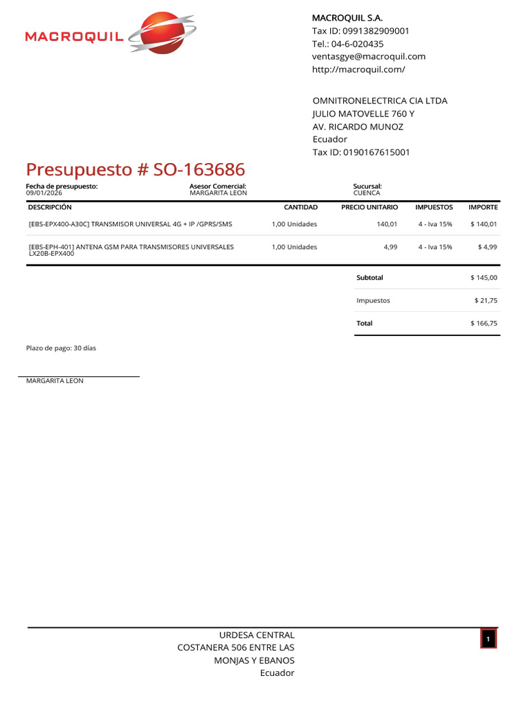 Presupuesto SO 163686 | PDF