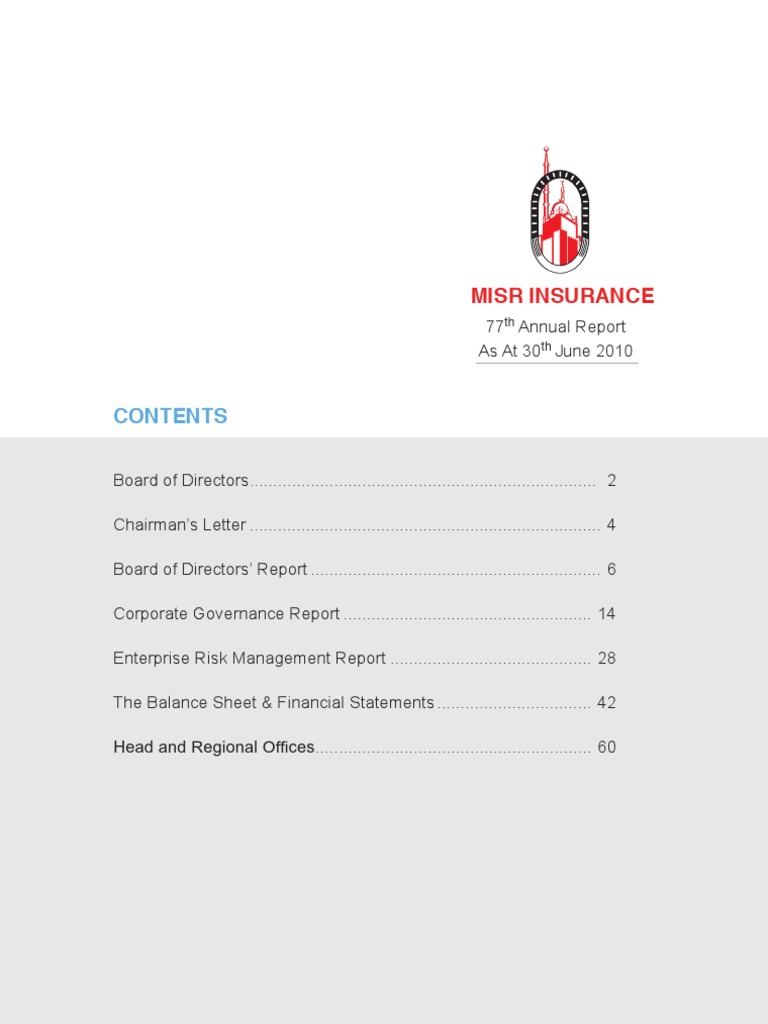 Misr Insurance Company Annual Report 2010 | PDF | Reinsurance | Life ...