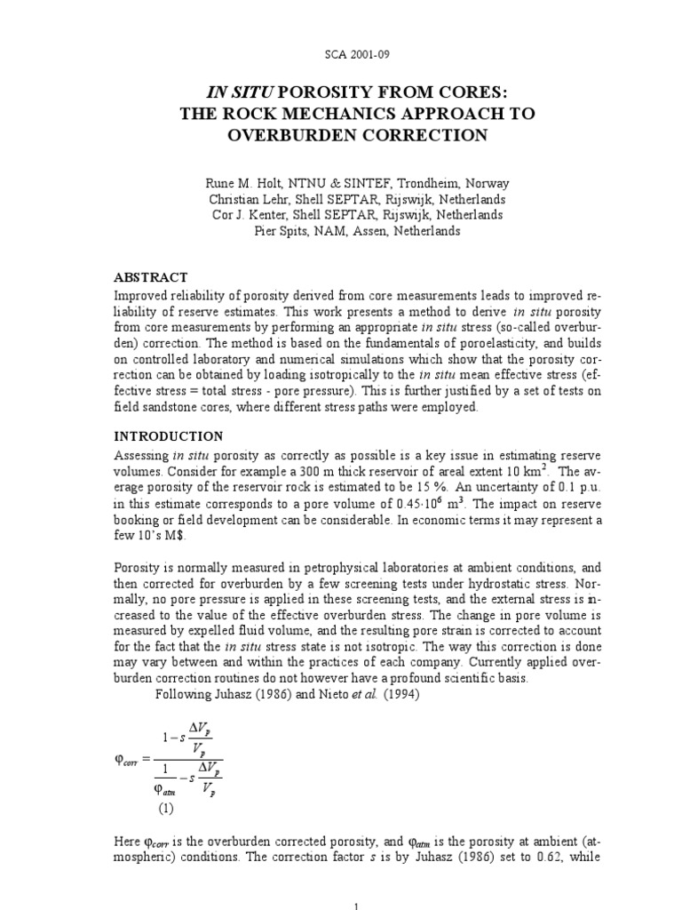 In Situ Porosity From Cores: The Rock Mechanics Approach To Overburden ...