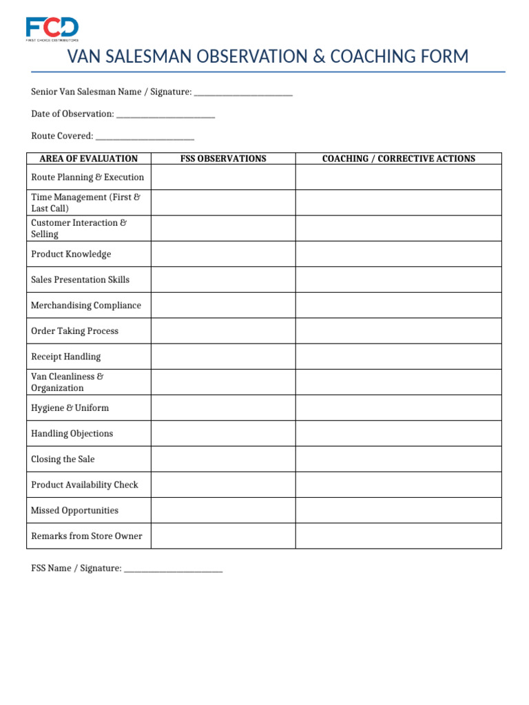 Van Salesman Observation Form | PDF