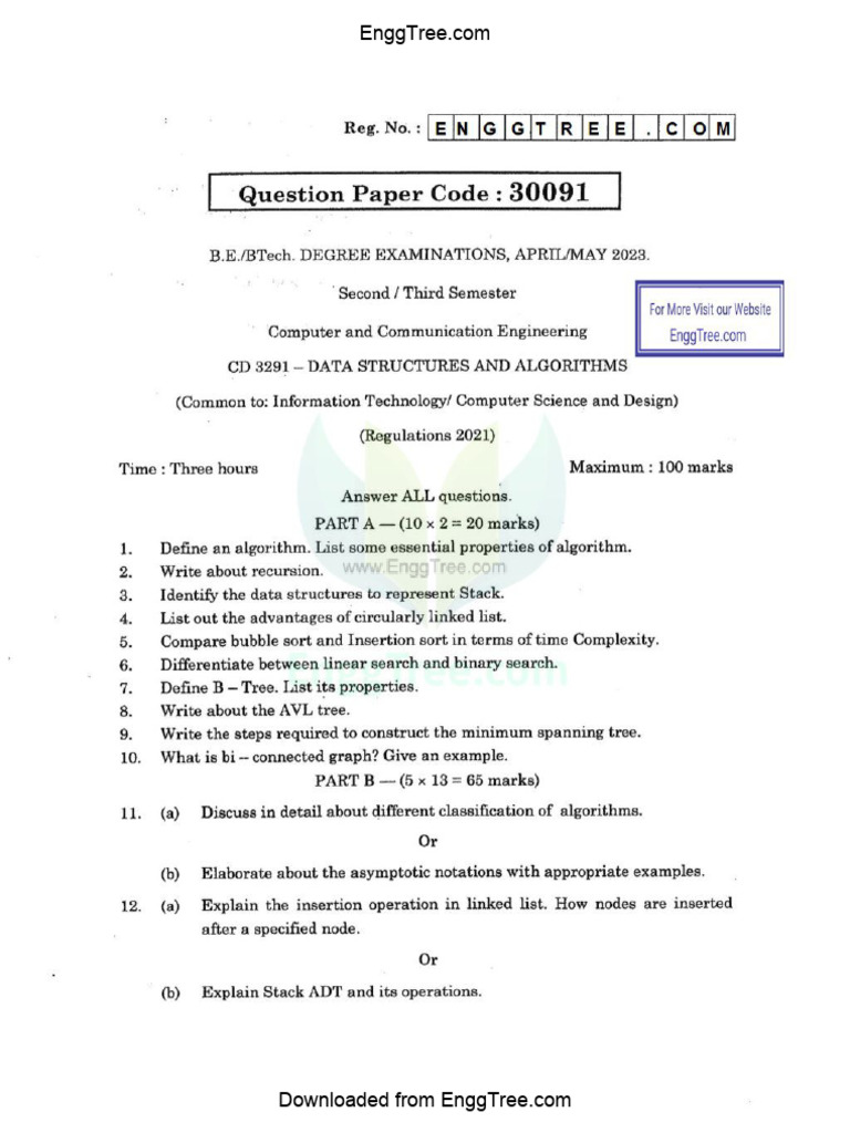 CD3291 Data Structures and Algorithms Apr May 2023 Question Paper ...