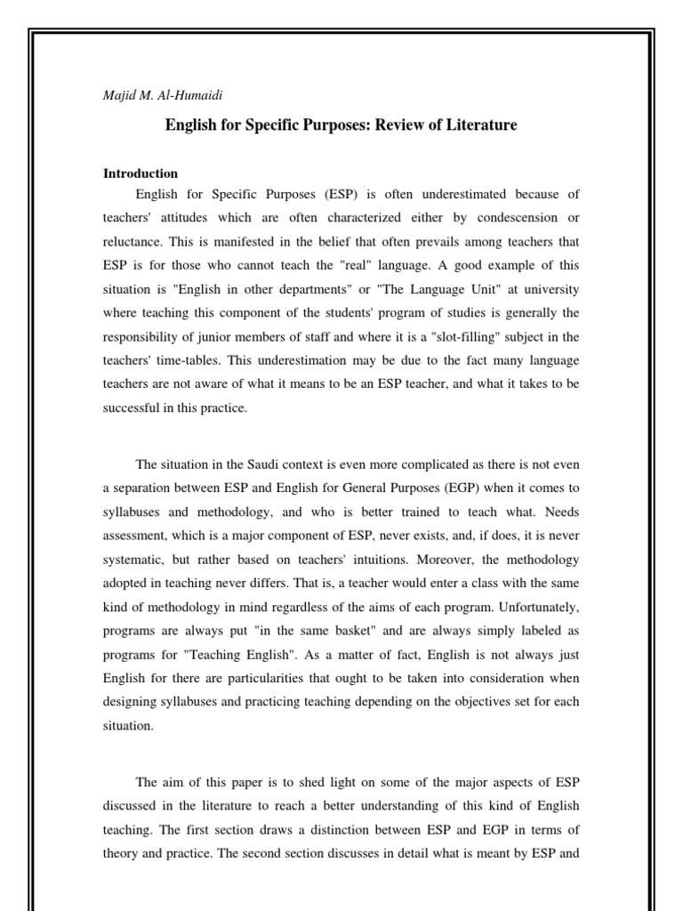 ESP vs EGP: A Literature Review | PDF | Language Education | Educational Assessment