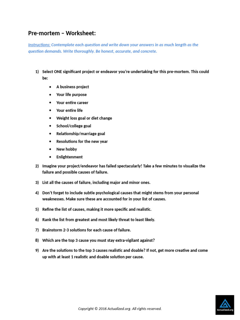 Premortem Worksheet Template | PDF