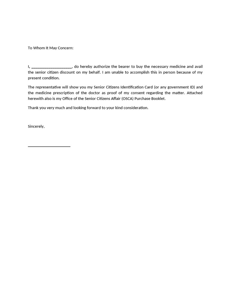 Authorization Letter Senior Citizen Medicine | PDF